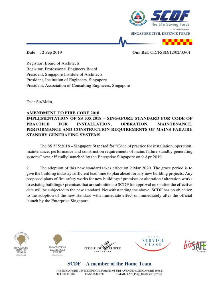 190902 Scdf-Amendment to Fire Code 2018-Implementation of Ss 535-2018 ...