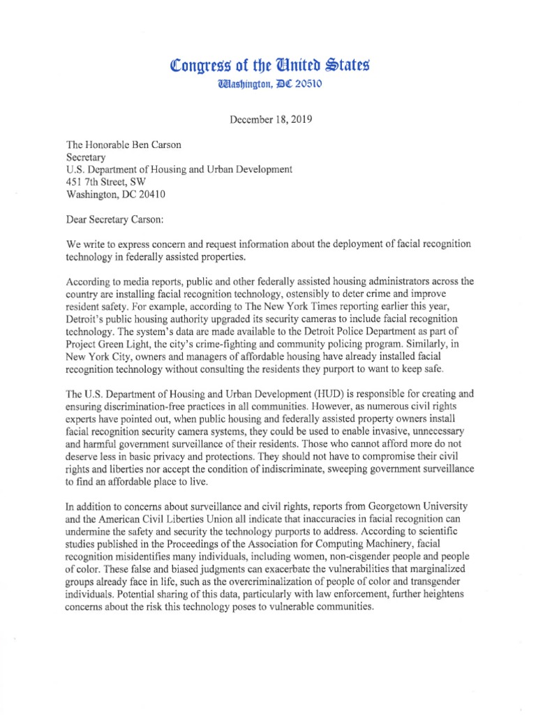 Booker Wyden-Led Letter To HUD RE Facial Recognition Technologies | PDF