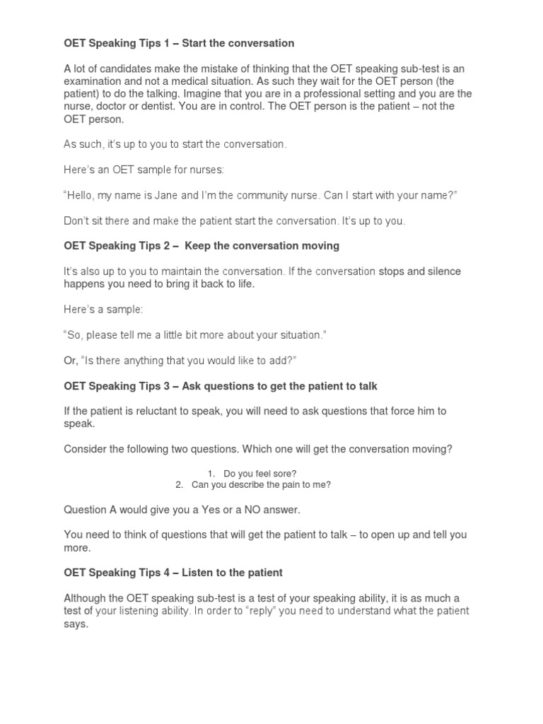 OET Speaking Tips | PDF | Communication | Cognitive Science