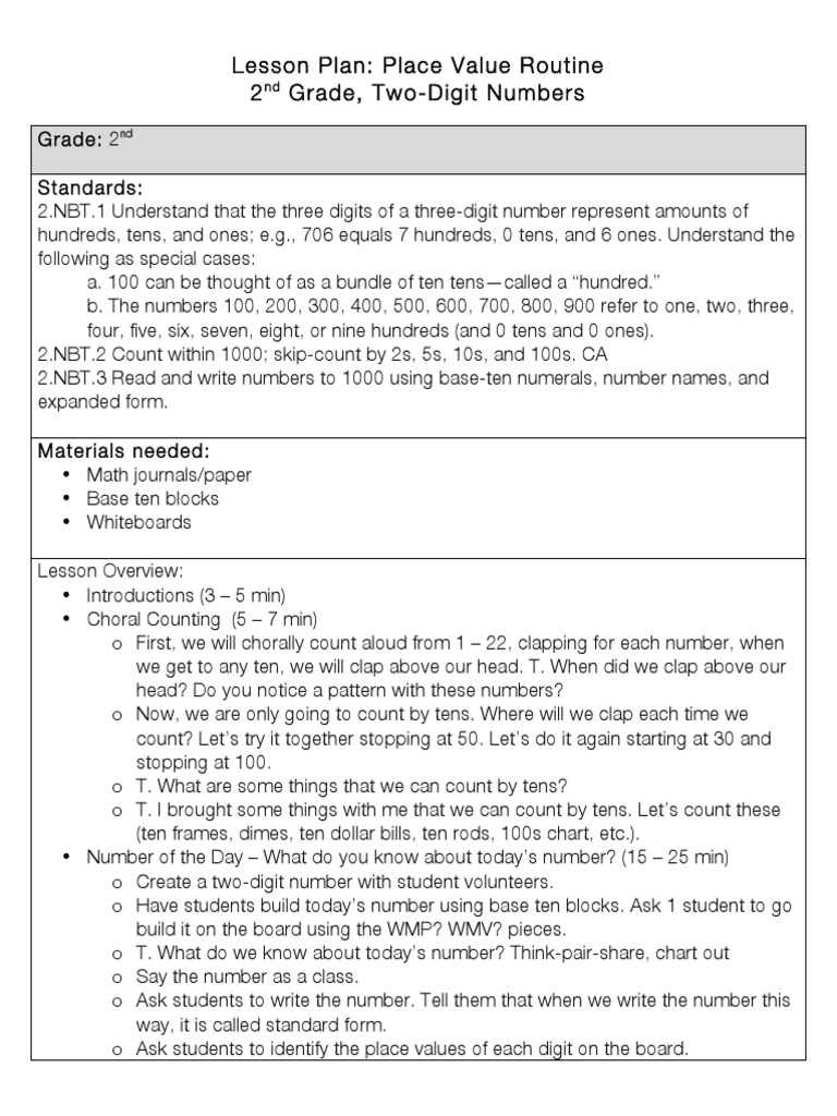 2.place Value Routine 2nd Grade Lesson Plan | PDF | Pedagogy | Learning