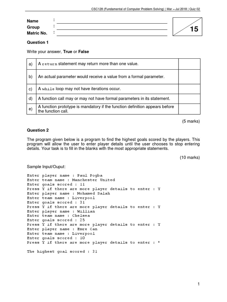CSC128 Quiz 02 | PDF | Parameter (Computer Programming) | Function (Mathematics)