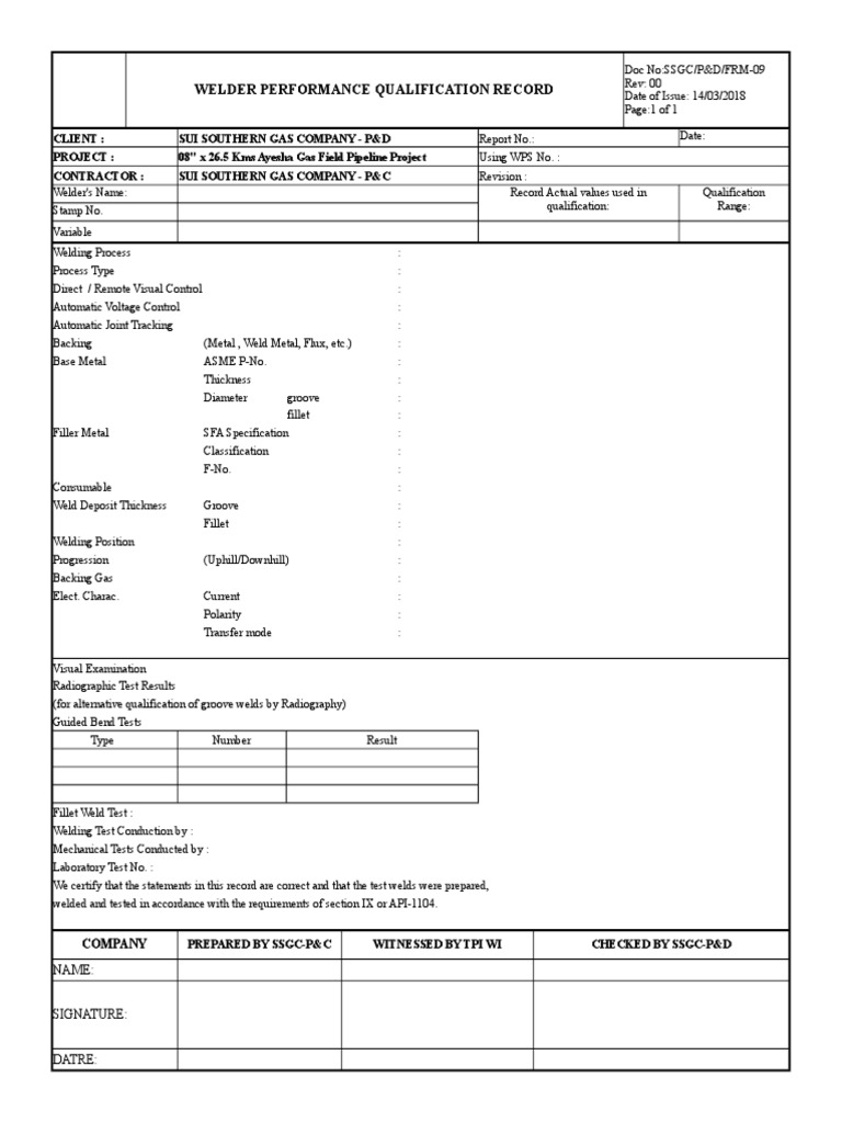 Welder Performance Qualification Record | PDF | Welding | Construction