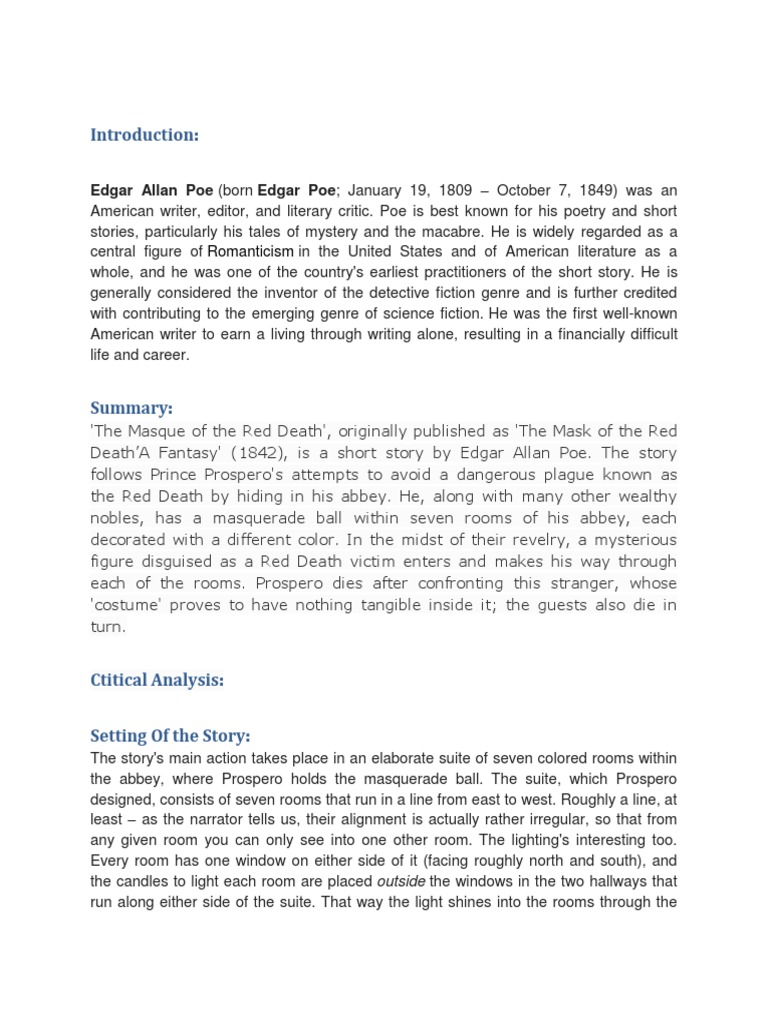 Edgar Allan Poe's "The Masque of the Red Death" Analysis | PDF | Young ...