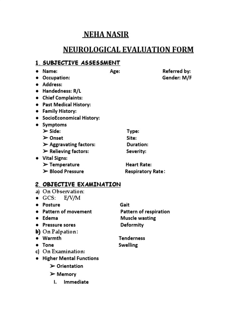 Neurological Assessment Form for PT | PDF | Clinical Medicine | Medical ...