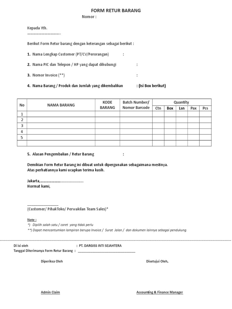 Form Retur Barang DIS 2019 (New) | PDF