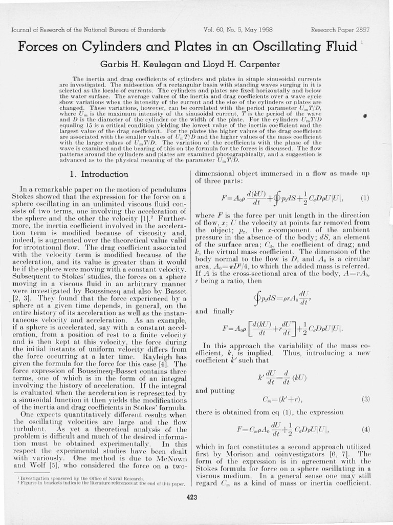 Forces On Cylinders and Plates in An Oscillating Fluid | PDF | Drag ...