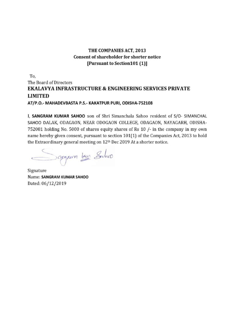 Short Notice Consent for AGM | PDF | Business