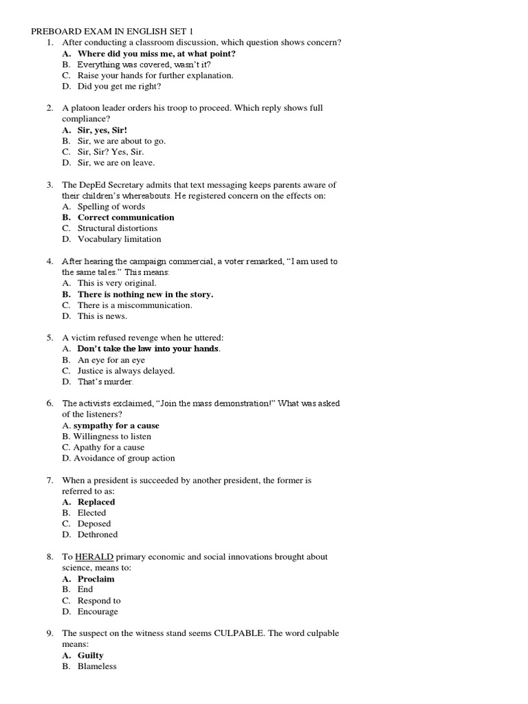 00 Preboard Exam in English Set 1 | PDF | Individualized Education ...