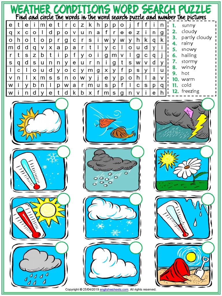 Weather Conditions Vocabulary Esl Word Search Puzzle Worksheet For Kids ...