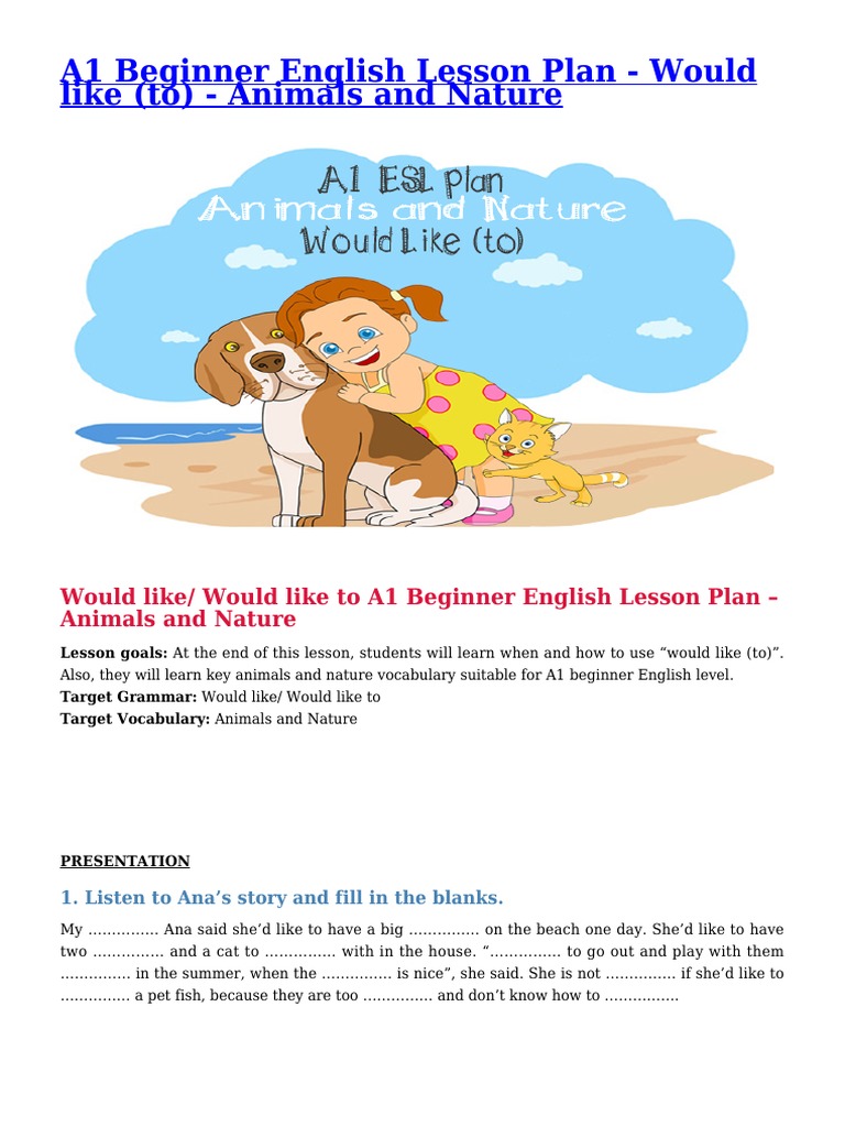 A1 Beginner English Lesson Plan - Would Like (To) - Animals and Nature ...