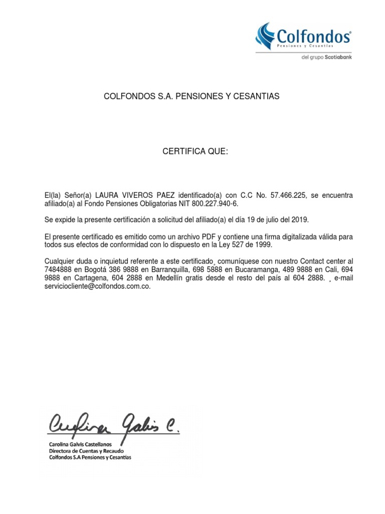 Certificado de Afiliación Colfondos | PDF | Finanzas y dinero