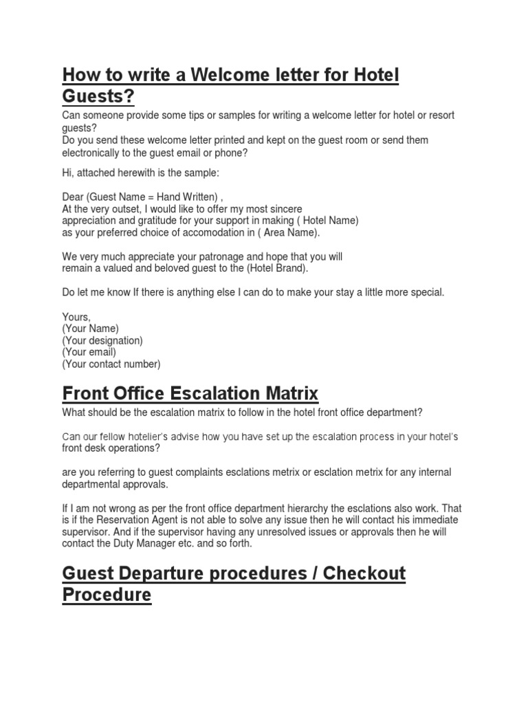 Welcome Letter Template for Hotel Guests | PDF | Hotel And ...