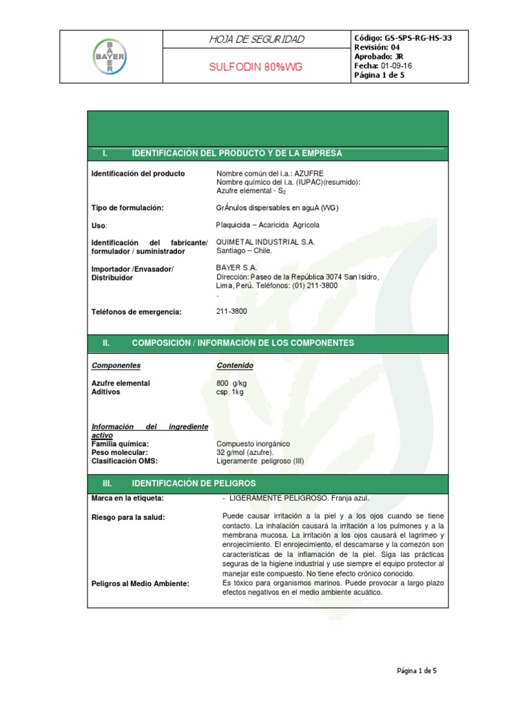 Sulfadin 80%WG | PDF | Oxígeno | Carbón