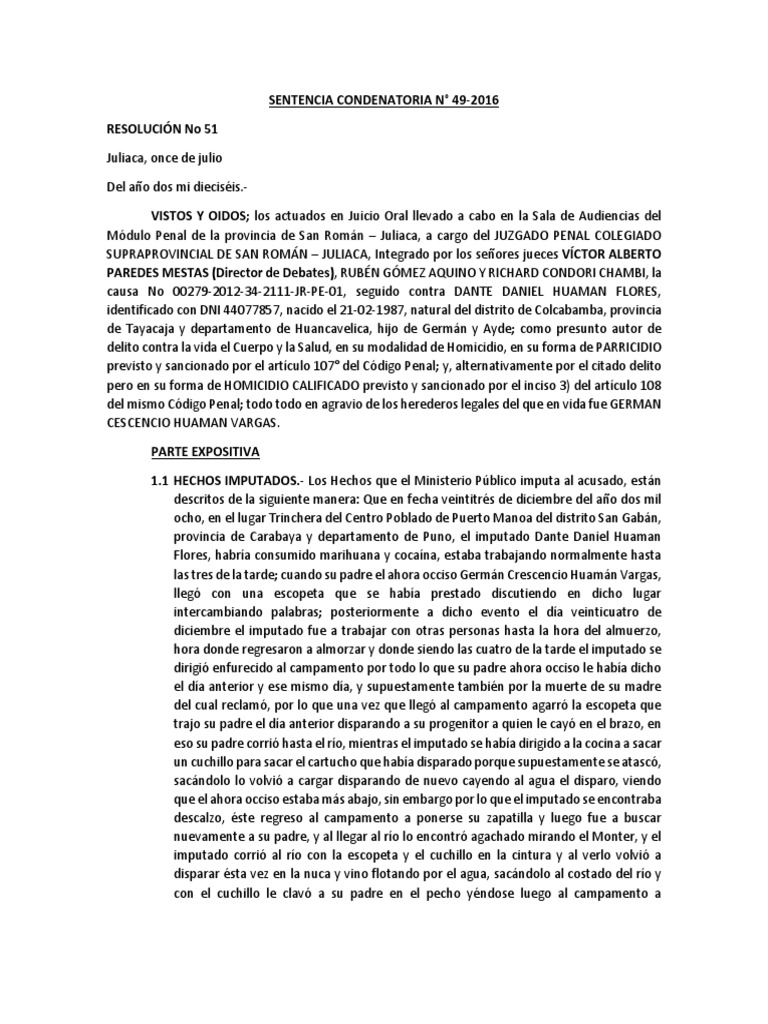 Sentencia Condenatoria Pdf Homicidio Evidencia Ley 9976