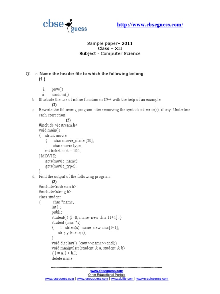 Class Xii Subject Sample Paper Computer Science Pdf Array Data Structure Subroutine 9044