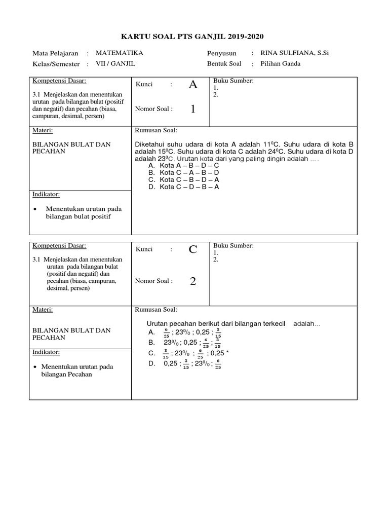 Kartu Soal PTS Matematika Kelas VII Semester Ganjil 2019-2020 | PDF