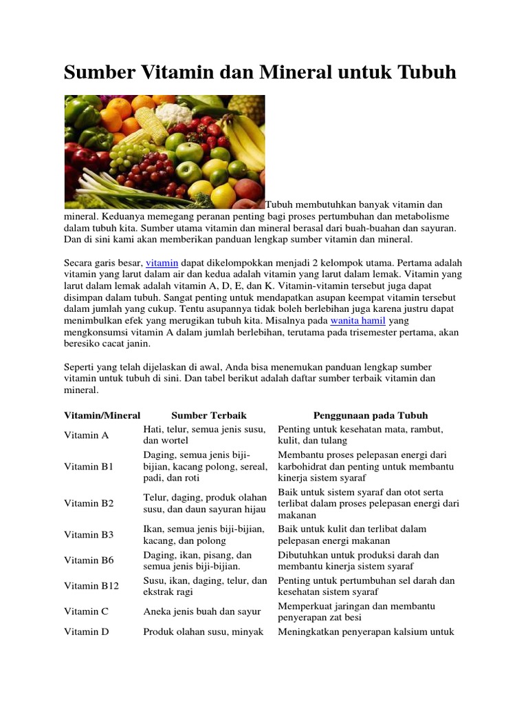 Sumber Vitamin Dan Mineral Untuk Tubuh | PDF