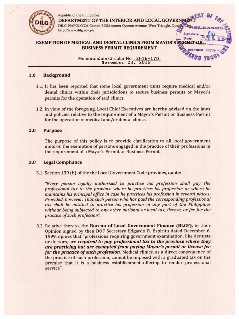 DILG (Exemption of Dental Clinics From Mayor's Permit) PDF | PDF