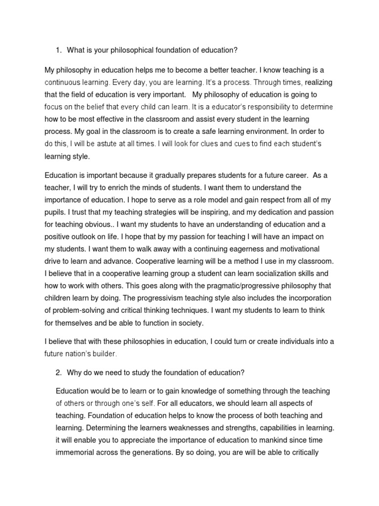 Philosophical Foundations of Education | PDF | Philosophy Of Education ...