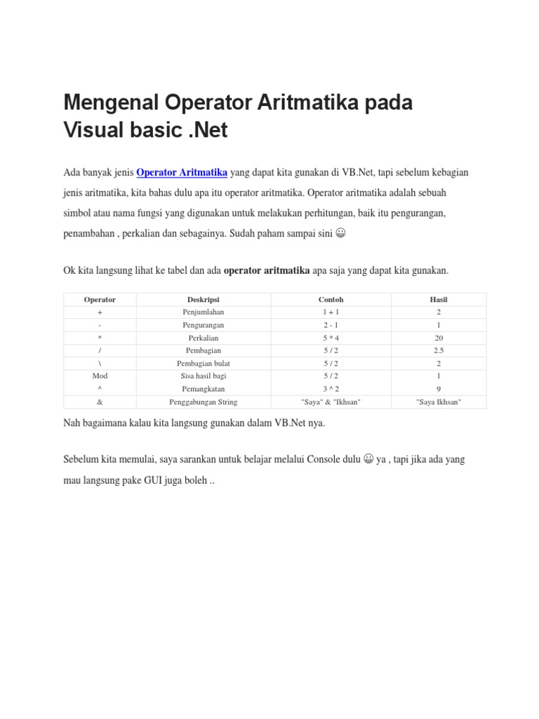 Mengenal Operator Aritmatika Pada Visual Basic | PDF | Komputer