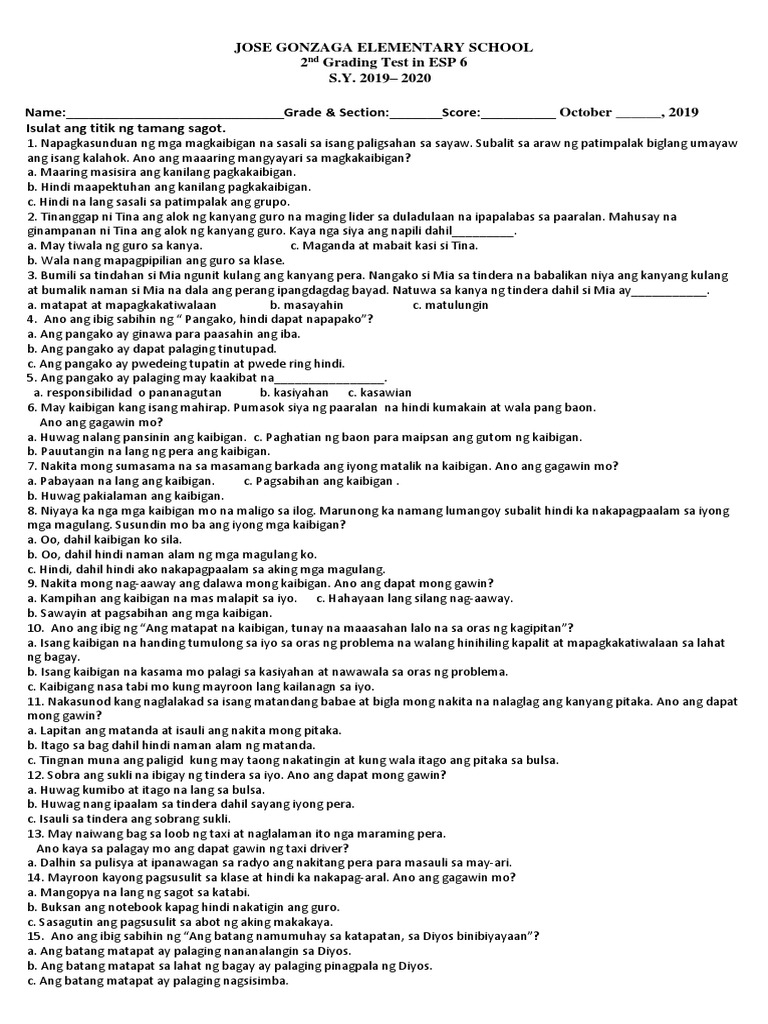 2nd Grading Test in ESP6 | PDF