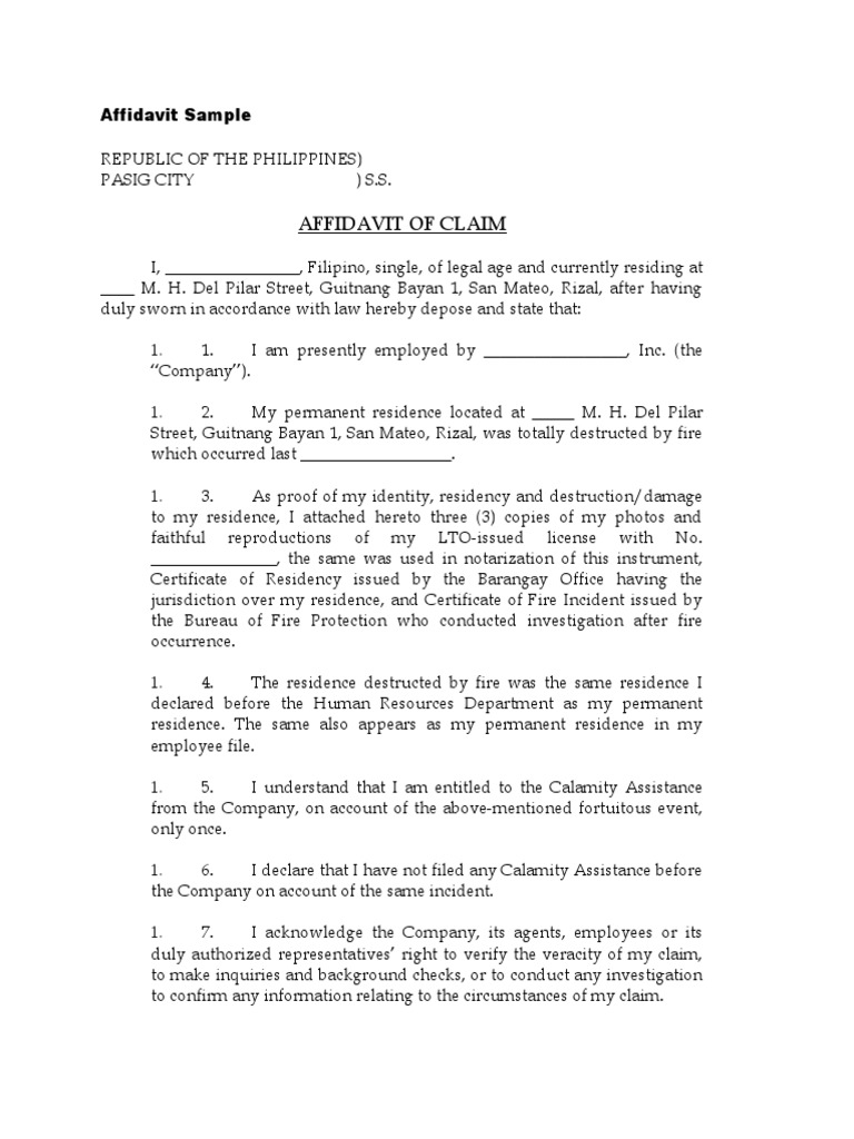 Affidavit of Claim Sample | PDF | Affidavit | Social Institutions