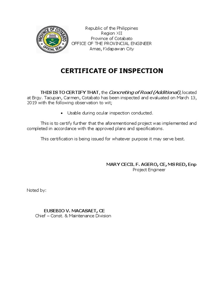 Certificate of Inspection for Projects | PDF | Quality | Business Process