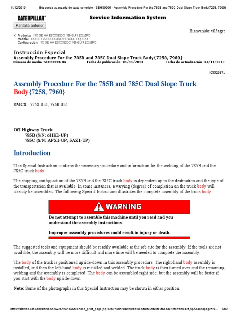 Assembly Procedure For The 785B and 785C Dual Slope Truck Body (7258 ...