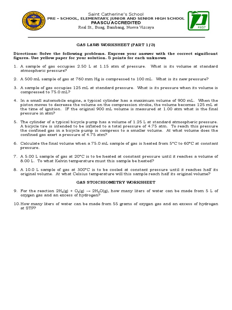 Gas Laws Worksheet | PDF
