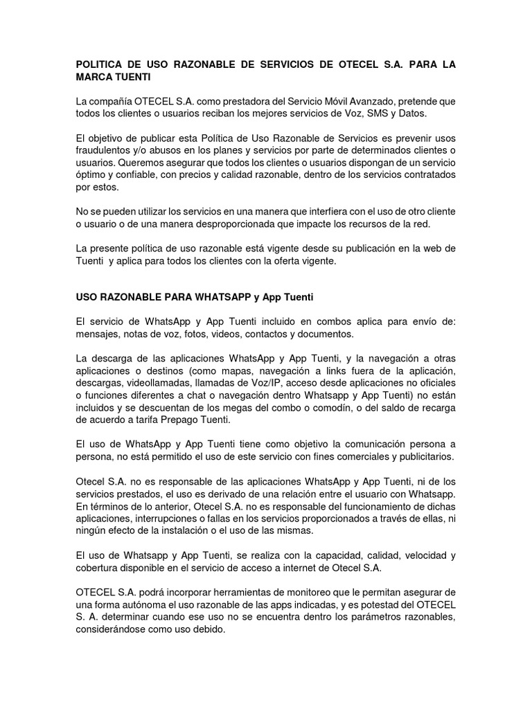 Politica de Uso Razonable de Servicios Tuenti 20160720 | PDF ...