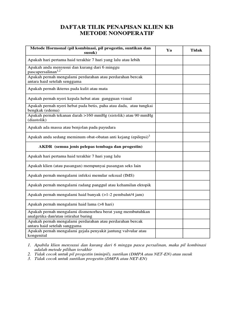 Daftar Tilik Penapisan Klien KB | PDF