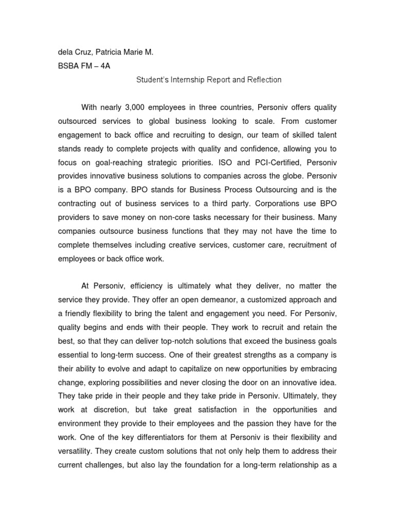 Internship Report and Reflection | PDF | Outsourcing | Business