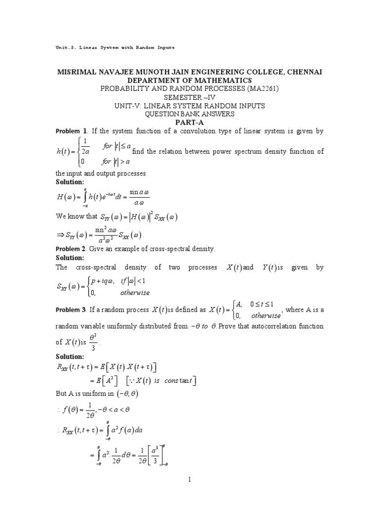 5 Linear System Random Inputs 9402212 Pdf Stationary Process Signal Processing