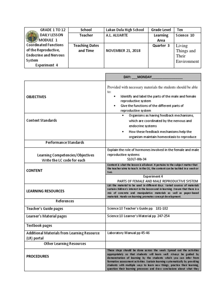 Lesson Plan in Grade 10 Science | PDF | Reproductive System | Ovary