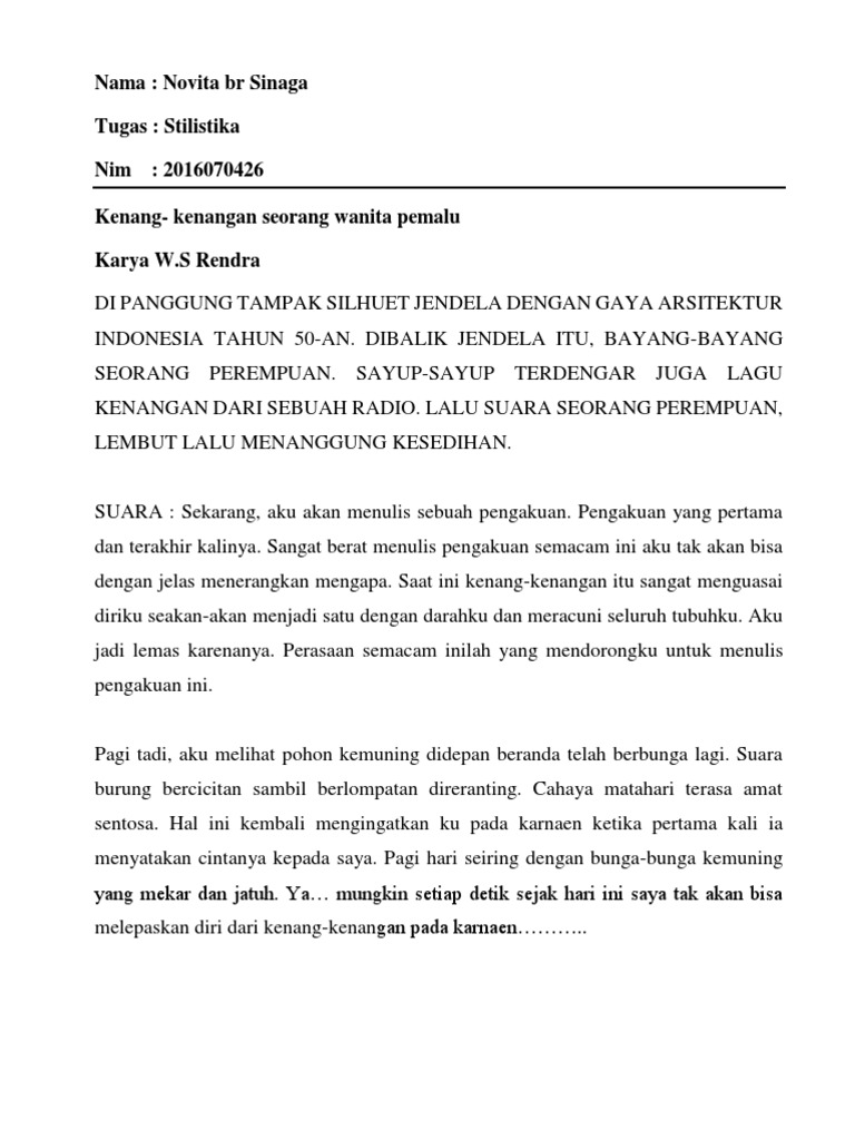 Analisis Cerpen WS Rendra Kenang-Kenangan Seorang Wanita Pemalu | PDF