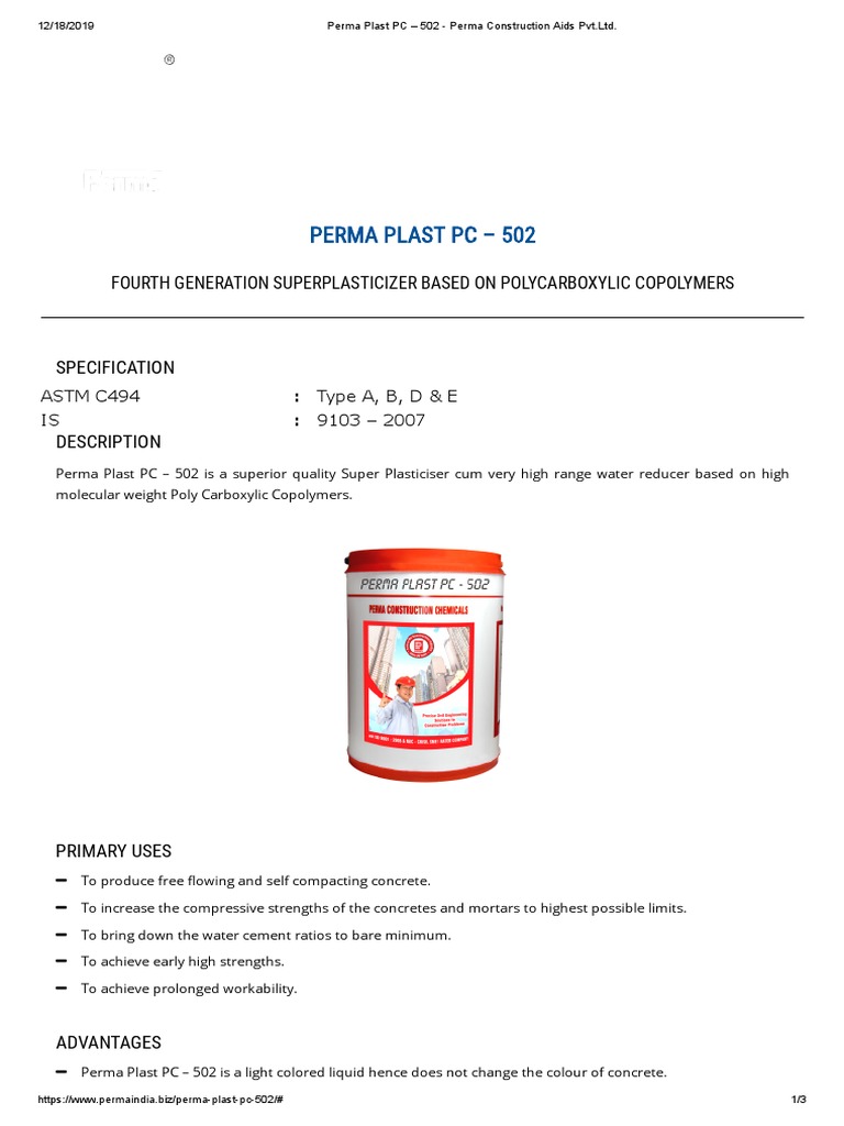 Perma Plast PC - 502 - Perma Construction Aids PVT - LTD | PDF | Concrete | Building Engineering