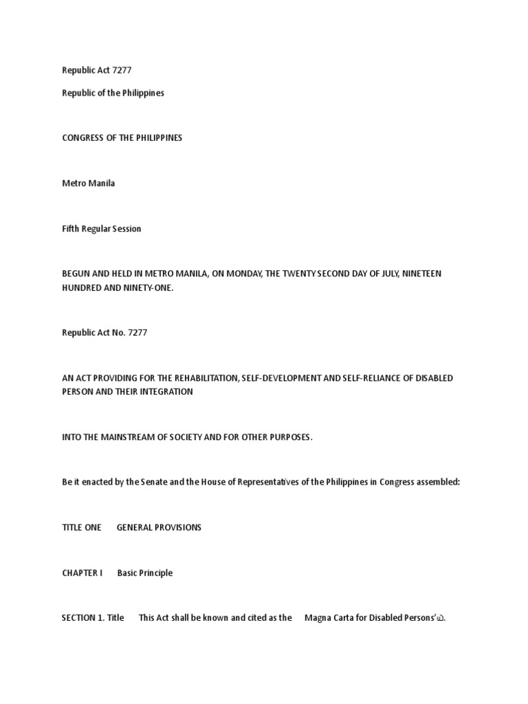 Republic Act 7277 | PDF | Disability | Public Sphere