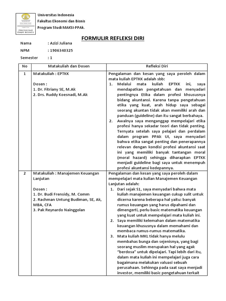 Refleksi Diri Mahasiswa PPAk UI | PDF