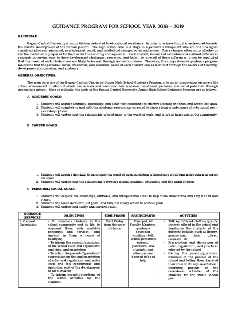 Guidance Program For School Year 2018 | PDF | School Counselor | Students