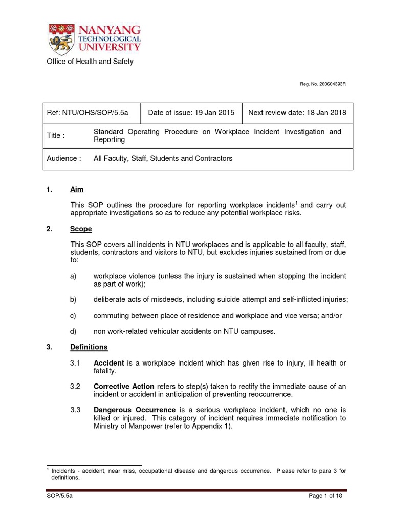 Ntu Sop On Workplace Incident Reporting and Investigation | PDF ...