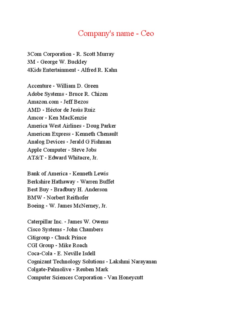 List of CEOs of Major Companies | PDF | Publicly Traded Companies Of ...