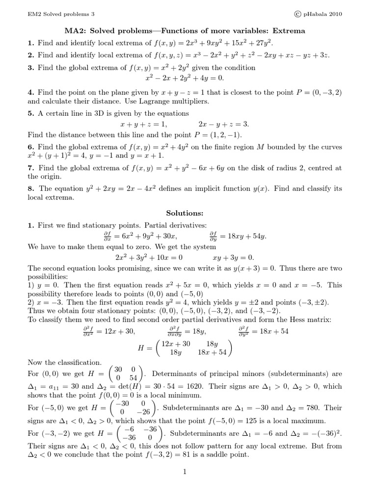 Extrema For Functions of More Variables - Solved Problems PDF ...