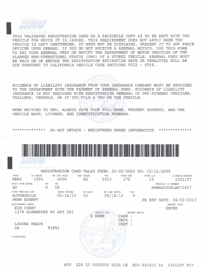 Mercedes CA Exempt Registration Card | PDF | Department Of Motor ...