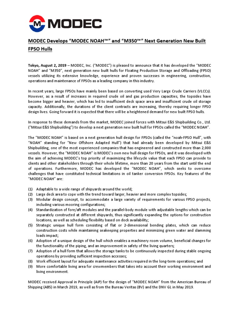 MODEC Develops MODEC NOAH and M350 Next Generation New Built FPSO Hulls ...