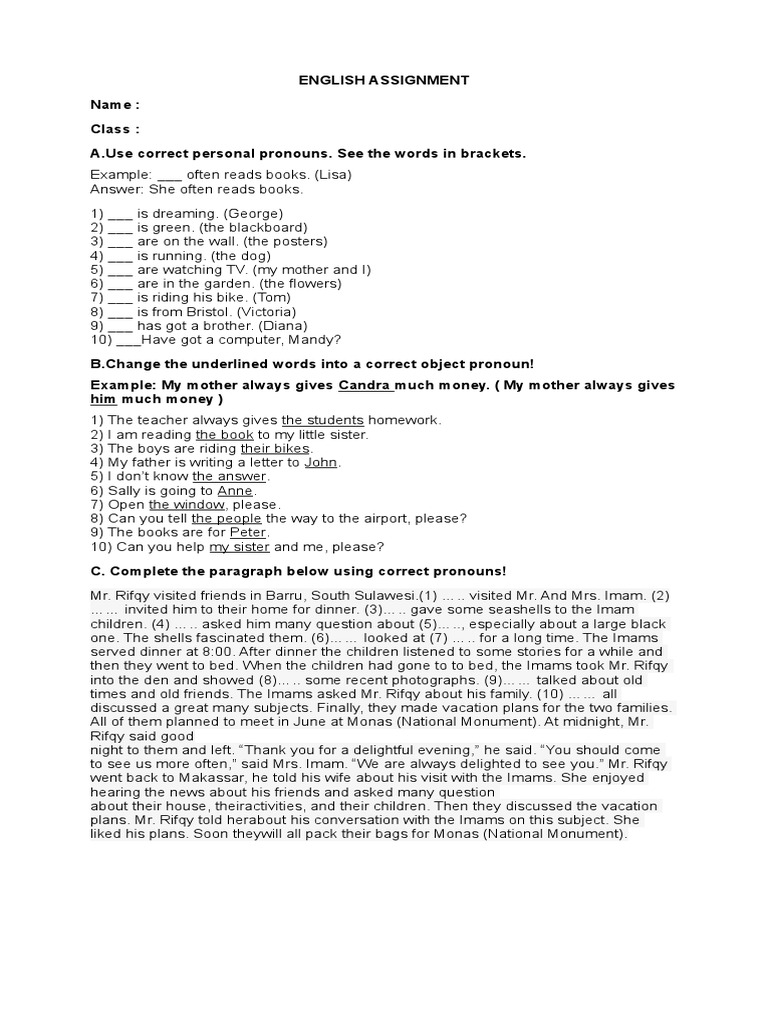 ENGLISH ASSIGNMENT Pronouns | PDF | Homework