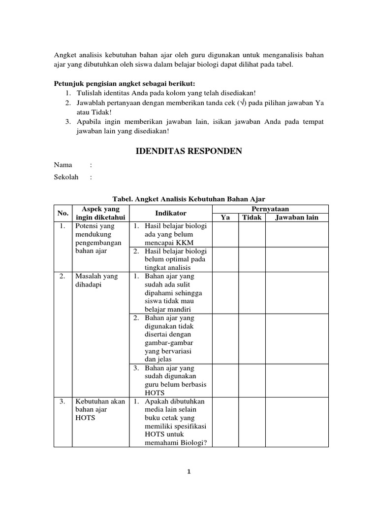 Angket Analisis Kebutuhan Bahan Ajar Oleh Siswa | PDF