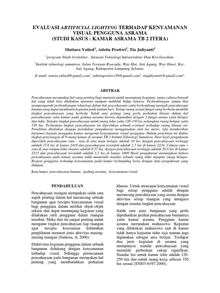 Evaluasi Artificial Lighting Gedung Asrama Itera | PDF