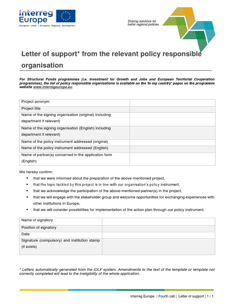Interreg Europe - Fourth Call Letter of Support Template PDF | PDF