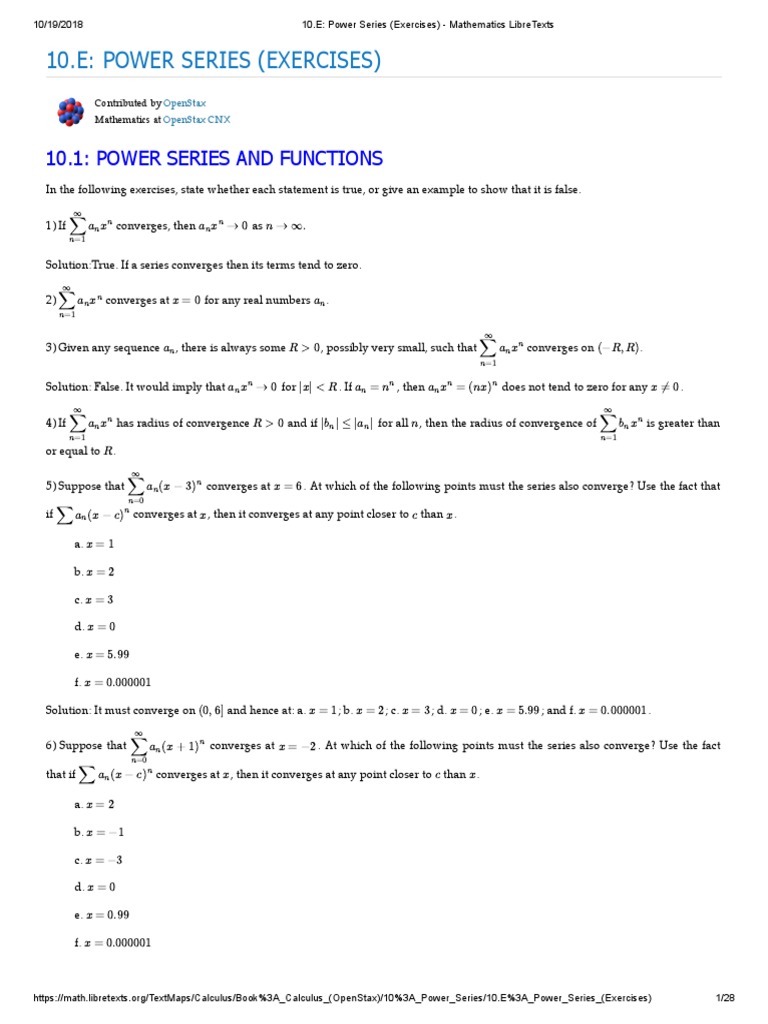 Power Series (Exercises) - Mathematics LibreTexts PDF | Download Free ...