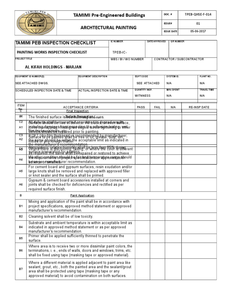 Architectural Painting Works Ins Checklist | PDF | Paint | Chemistry